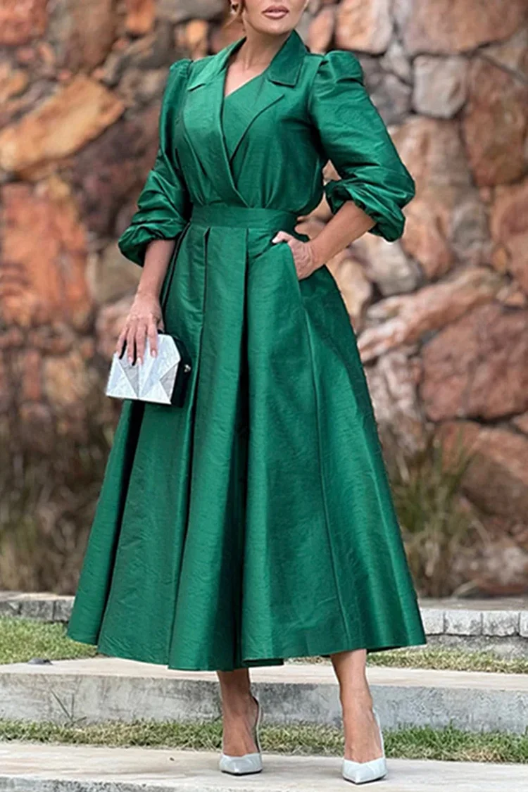 Plus Size Wedding Guest Emerald Green Turndown Collar Lantern Sleeve 3/ ...