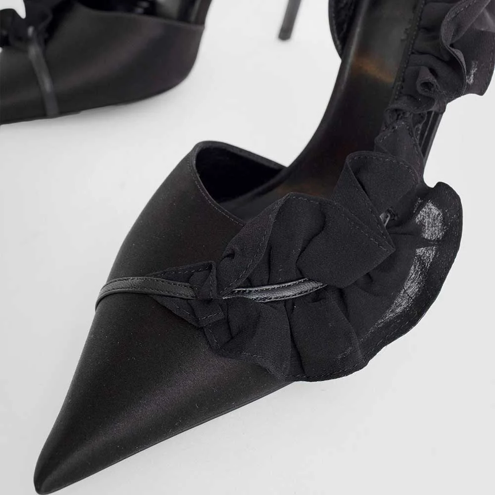 Black Satin Pointed Toe Ruffled Slingback Strappy Pumps With Stiletto Heels