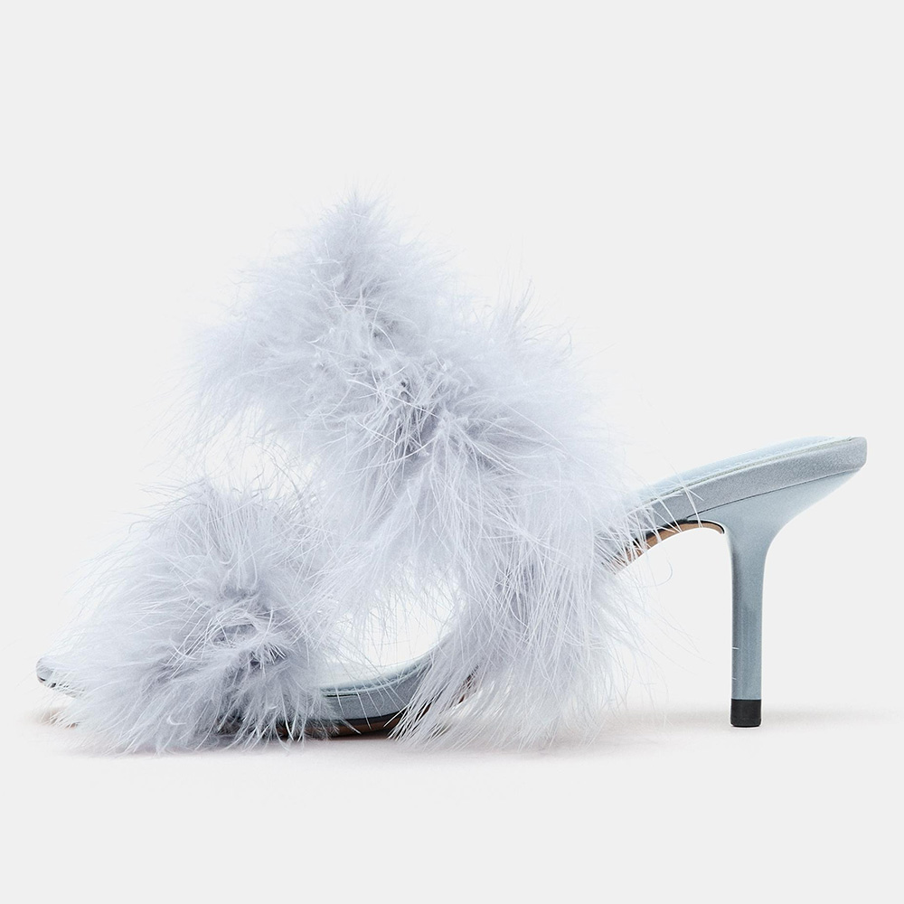 Trendy Light Blue Open Square Toe Feather Decor Strap Mule Heels