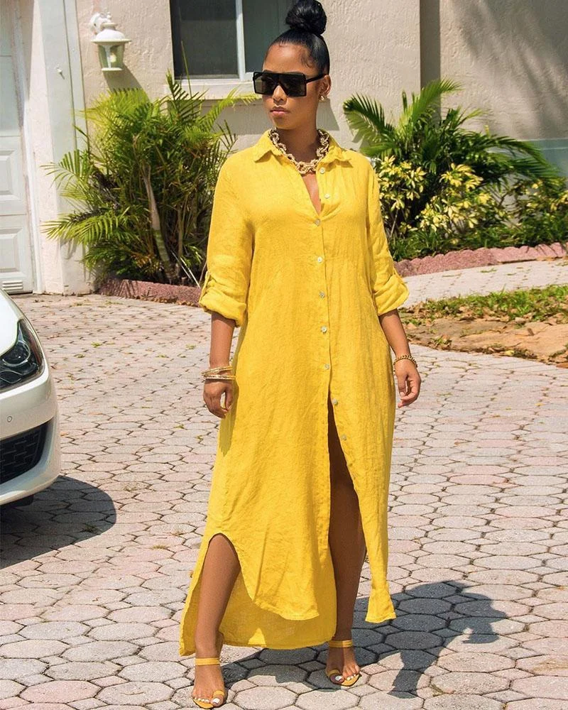Solid Color Buttons Down Side Slit Shirts Maxi Dresses