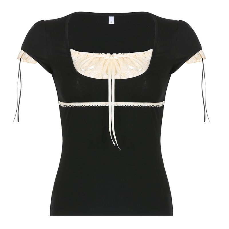 LACE SQUARE NECK TIE SHORT SLEEVE TOP