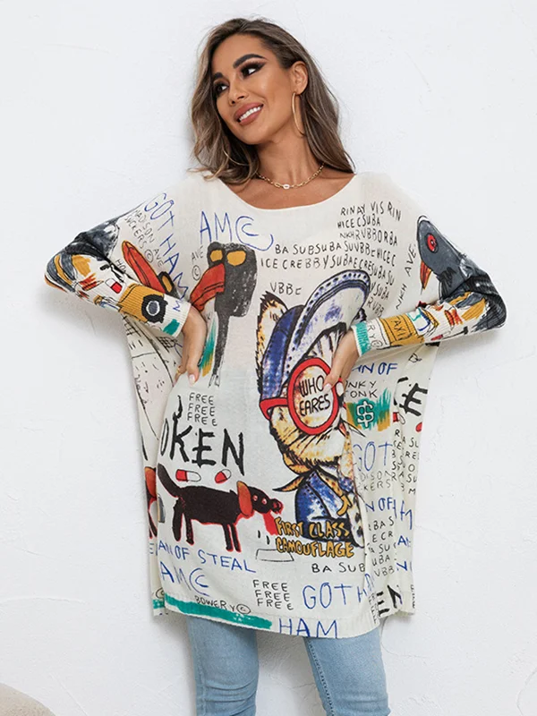 Playful Comfort: Cartoon Printed Round-Neck Sweater Tops with Casual ...