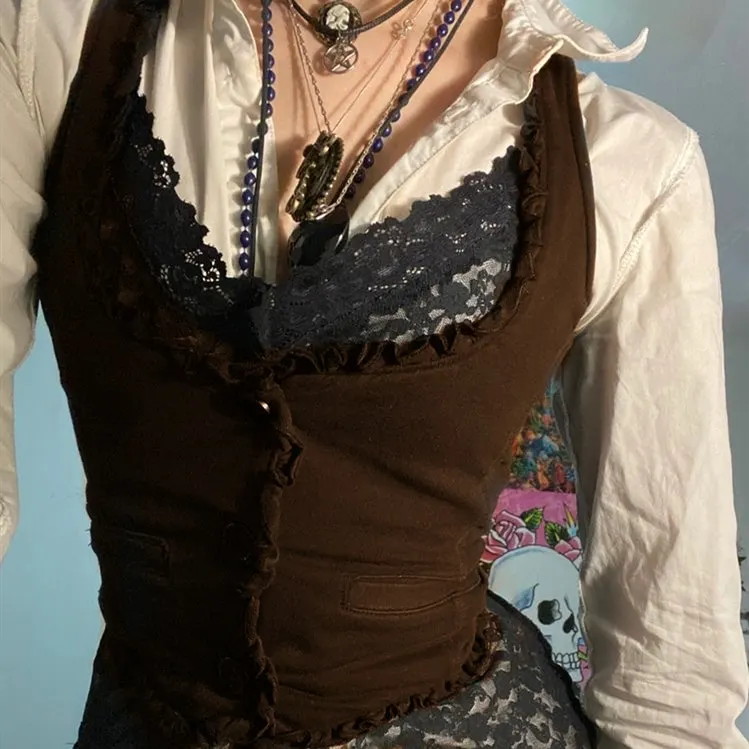 Uveng Goth Ruffles Frill V Neck Mini Vest Punk Vintage Button Corset ...