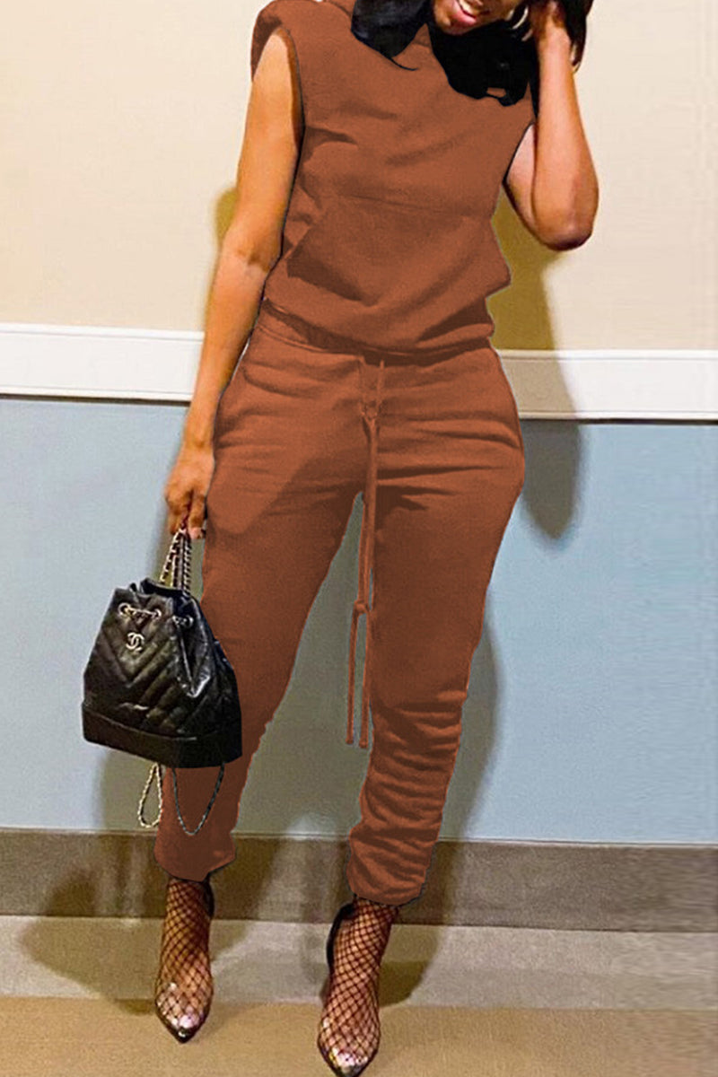 Fashion Casual Solid Basic Hooded Collar Short Sleeve Two Pieces