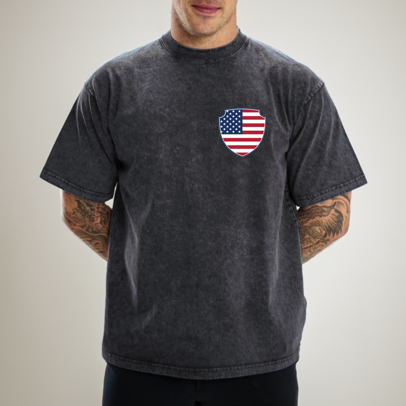 American Flag Shield Men's Acid Wash Loose T-Shirt