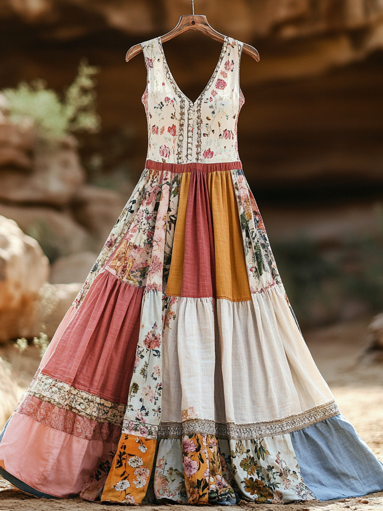 Women's Vintage Bohemian Applique Art Cotton And Linen Dress c9f2