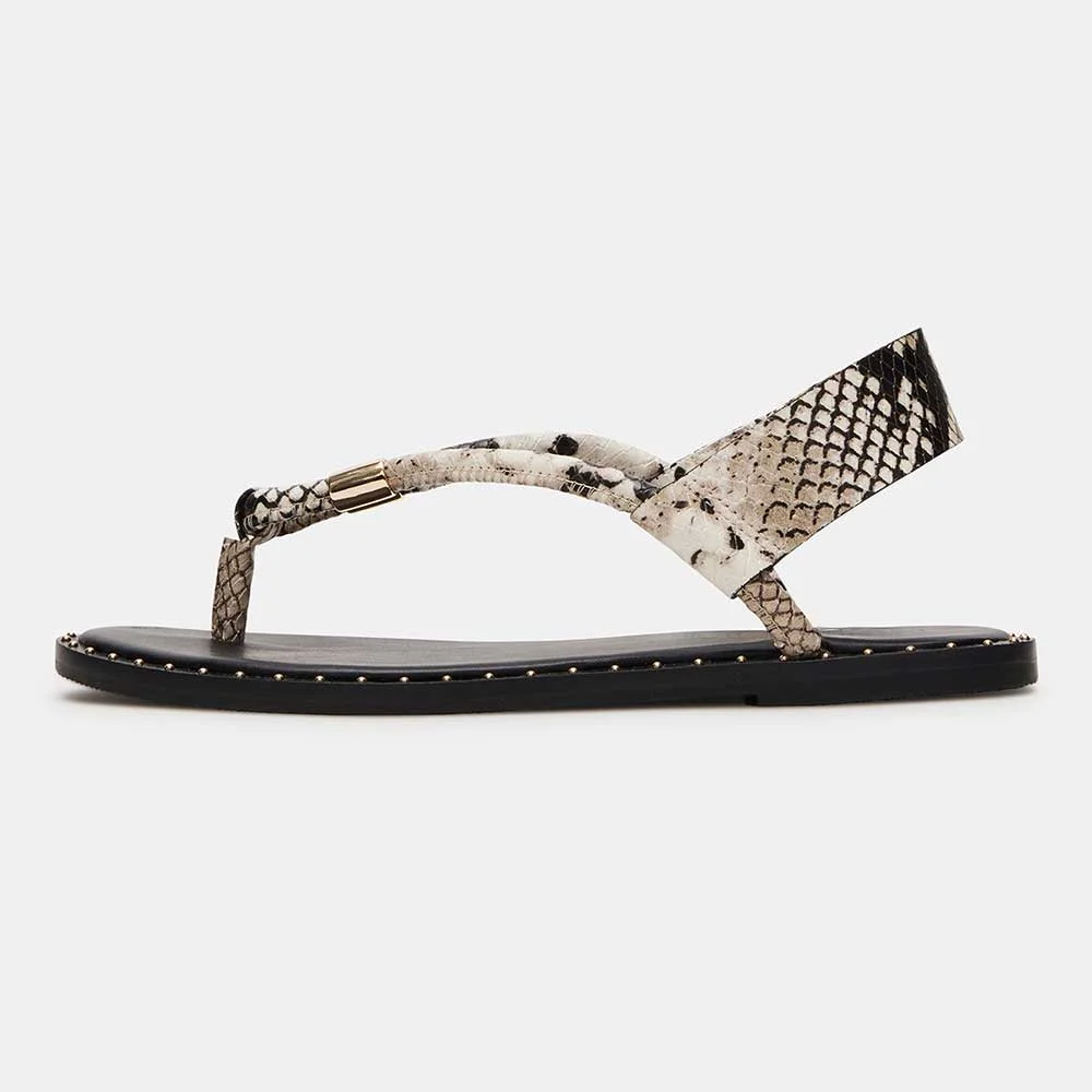 Black Vegan Leather Python Strappy Flat Summer Sandals for Women