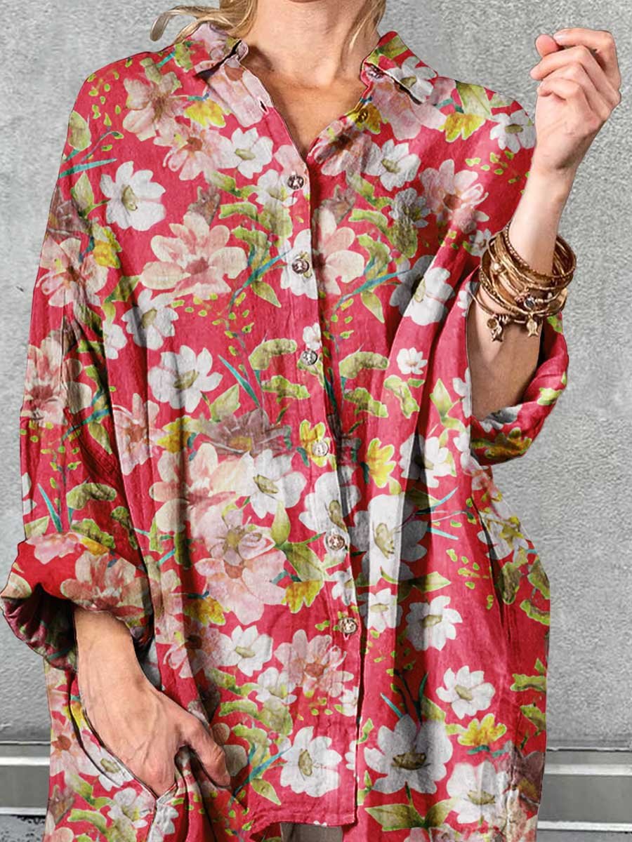 Women's Art Elegant Rose Floral Pattern Cotton Shirt