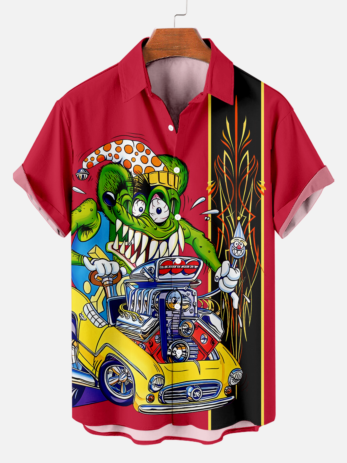 Men's modified car fun cartoon red printed shirt