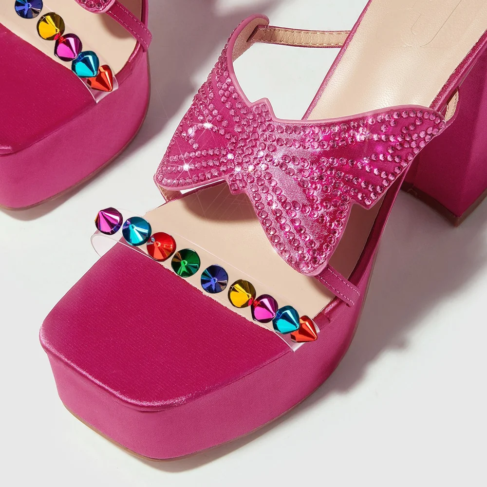 Hot Pink Satin Closed-Toe Rhinestone Butterfly Heeled Platform Mules