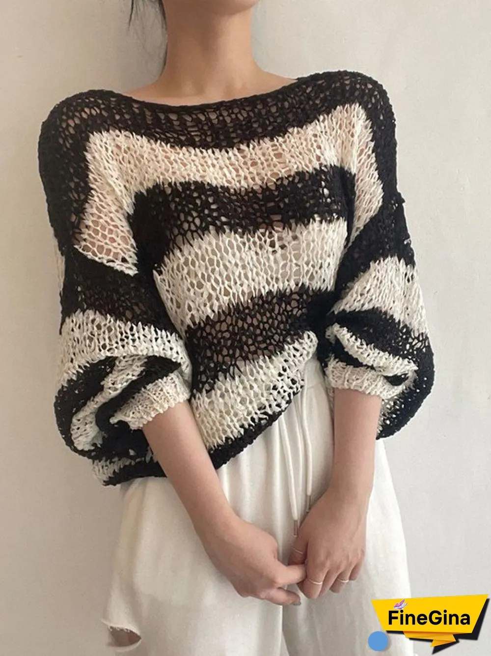 FineGina Long Sleeve Striped Crochet Knit Top