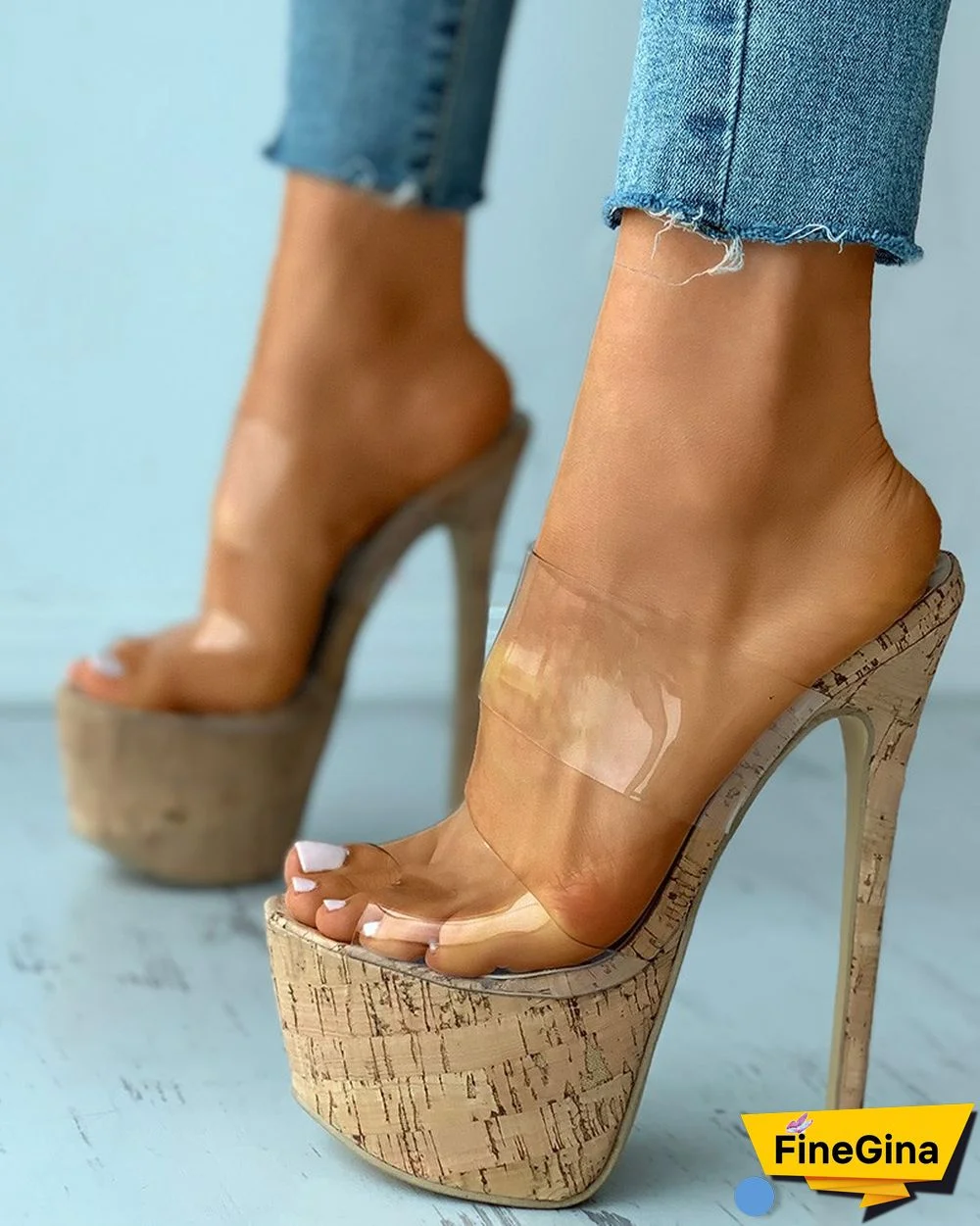FineGina Clear Perspex Platform Cork Stiletto Heels