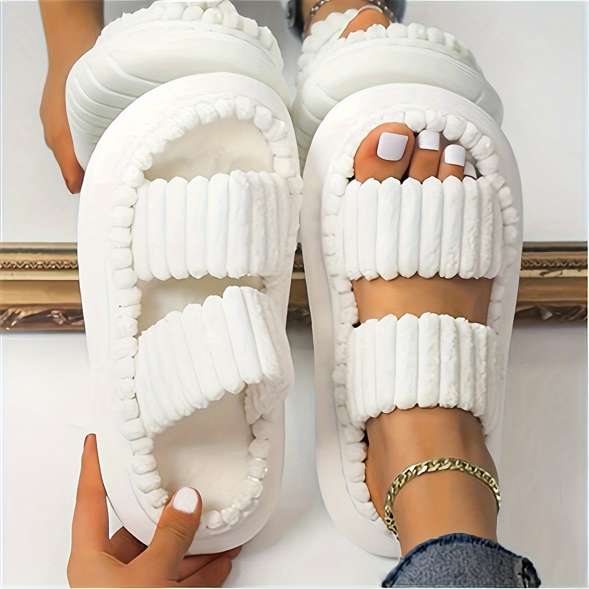 Women's Double Straps Plush Slippers | For Senior Ladies & Mature Women ...