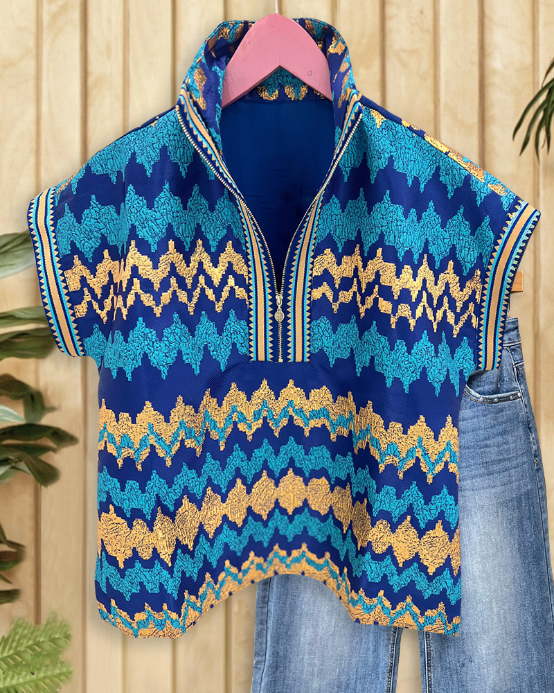 Ripple Print Laid Back Zipper Collar Blouse