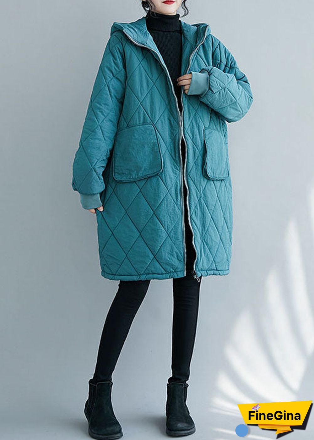 FineGina Elegant Blue Zip Up thick Fine Cotton Filled Parka Winter