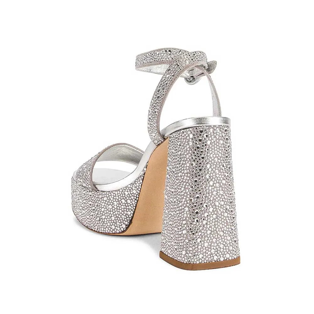 Silver Metallic Touch Rhinestone Embellished Platform Party Sandals