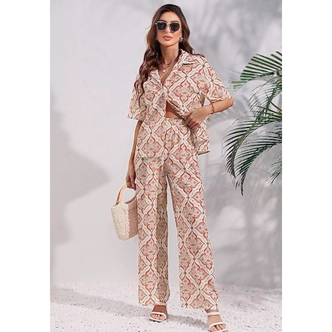 Cream Printed Co-Ords Set For Women