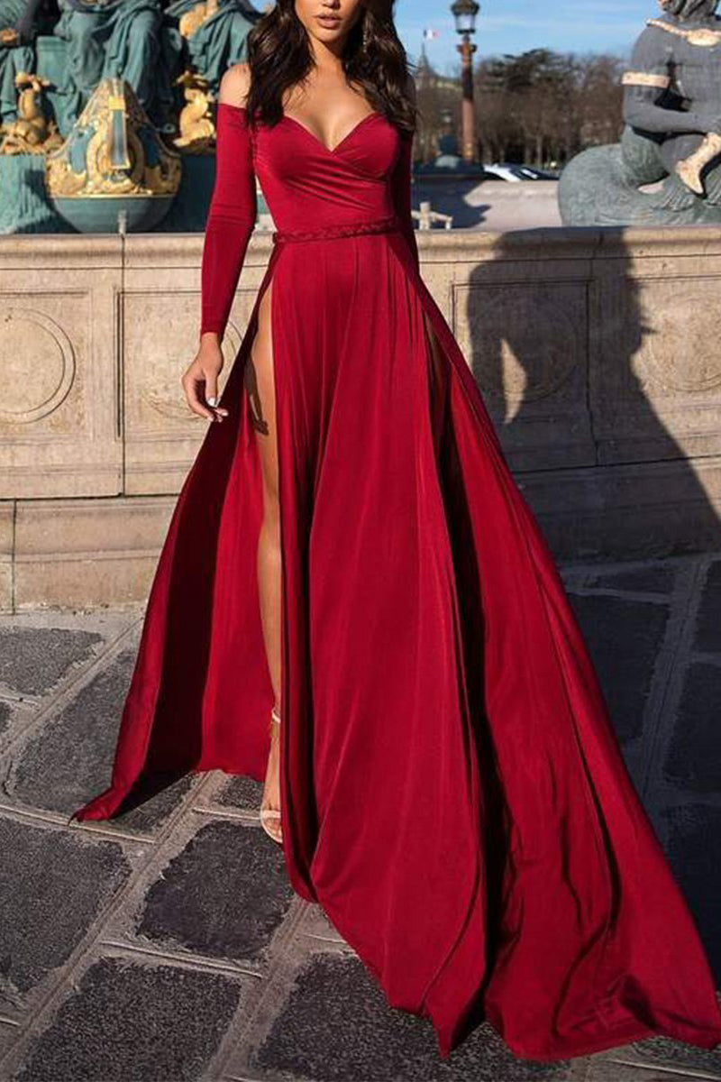 Sexy Burgundy High Slit Long Sleeve Evening Formal Dress