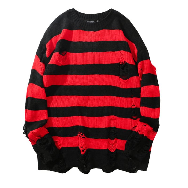 HIGH STREET RIPPED BLACK RED STRIPED LOOSE SWEATER