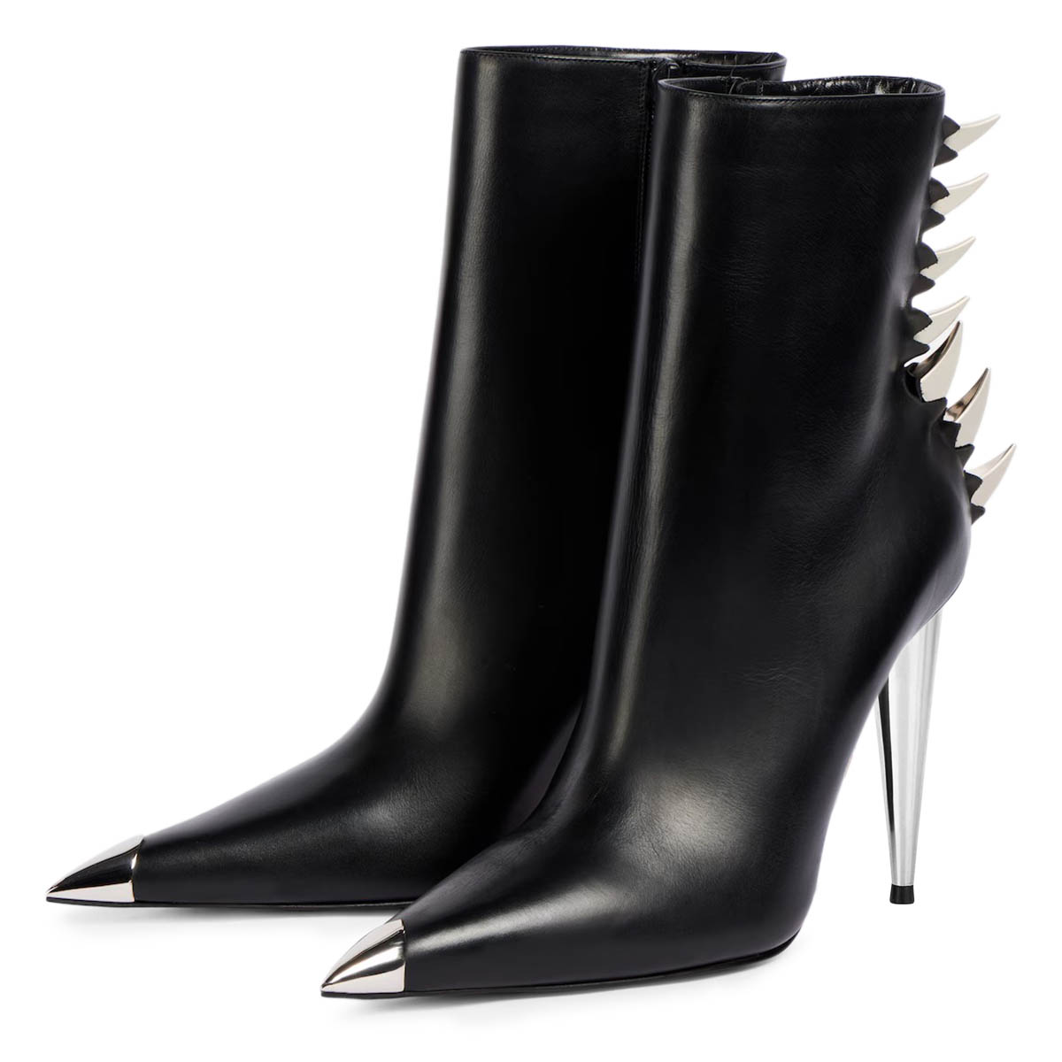 Black Metal Cap Toe Cone Heel Claw-Shaped Rivet Ankle Boots
