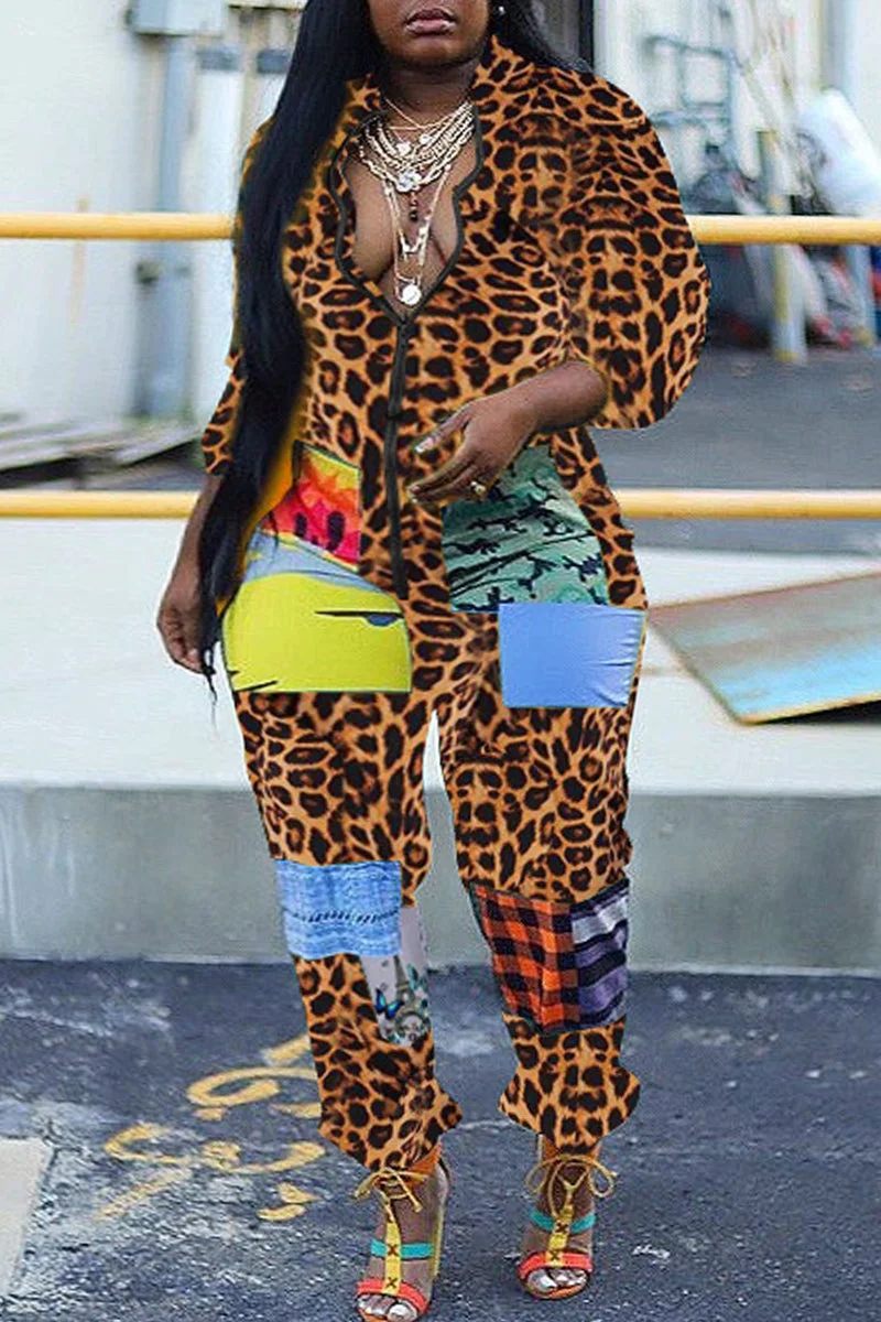 Sexy Patchwork Colorblock Printing O Neck Jumpsuits