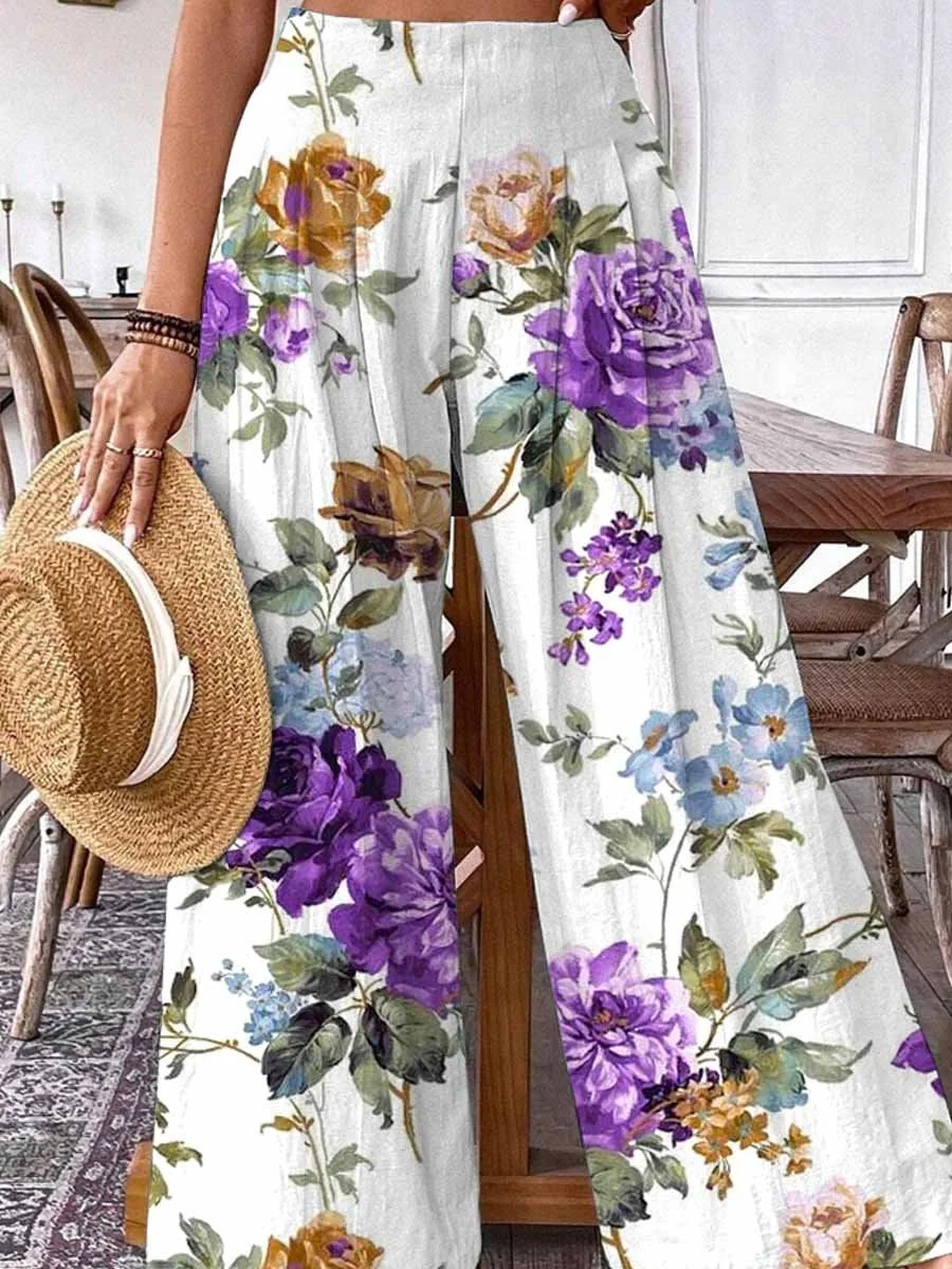 Women's Rose Floral Print Wide Leg Pants