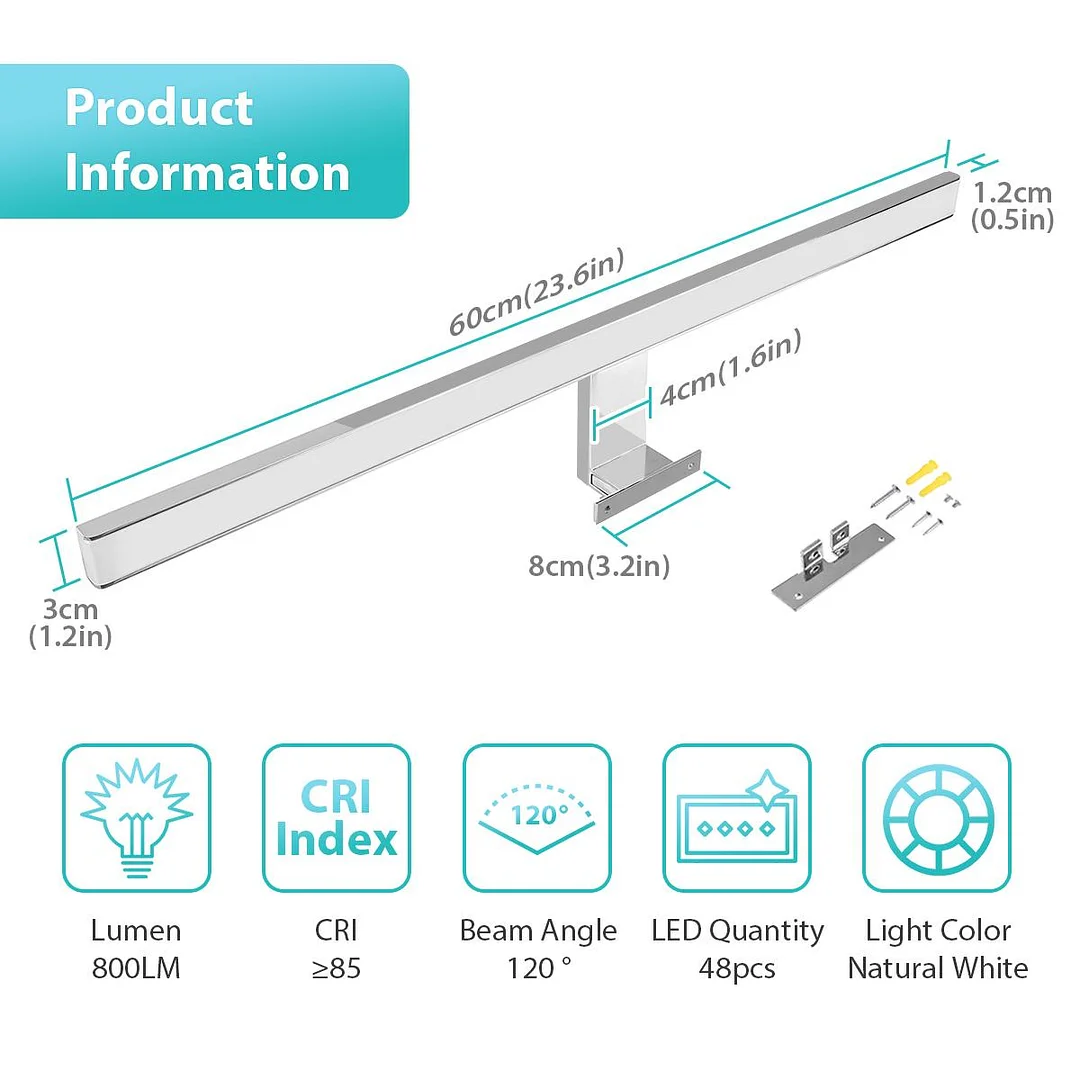 Indoor Led Wall Light Mirror Wall Lamp 10W 800LM White 60cm Waterproof ...