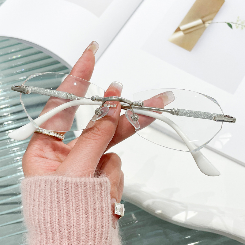 Luxury Reading Glasses Women Rimless Diamond Cut Frame Anti Blue Light ...