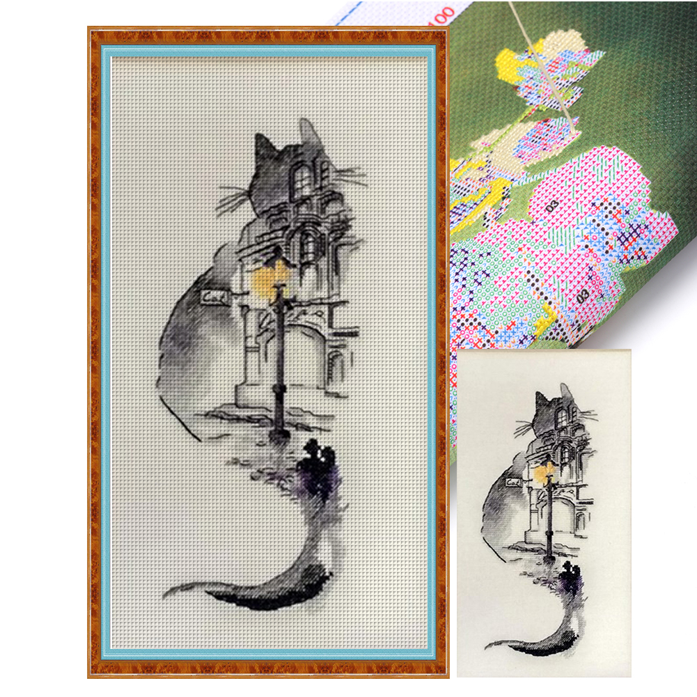 Ink Architectural Cat- 18CT - 2 Strands Threads Printed cross stitch ...