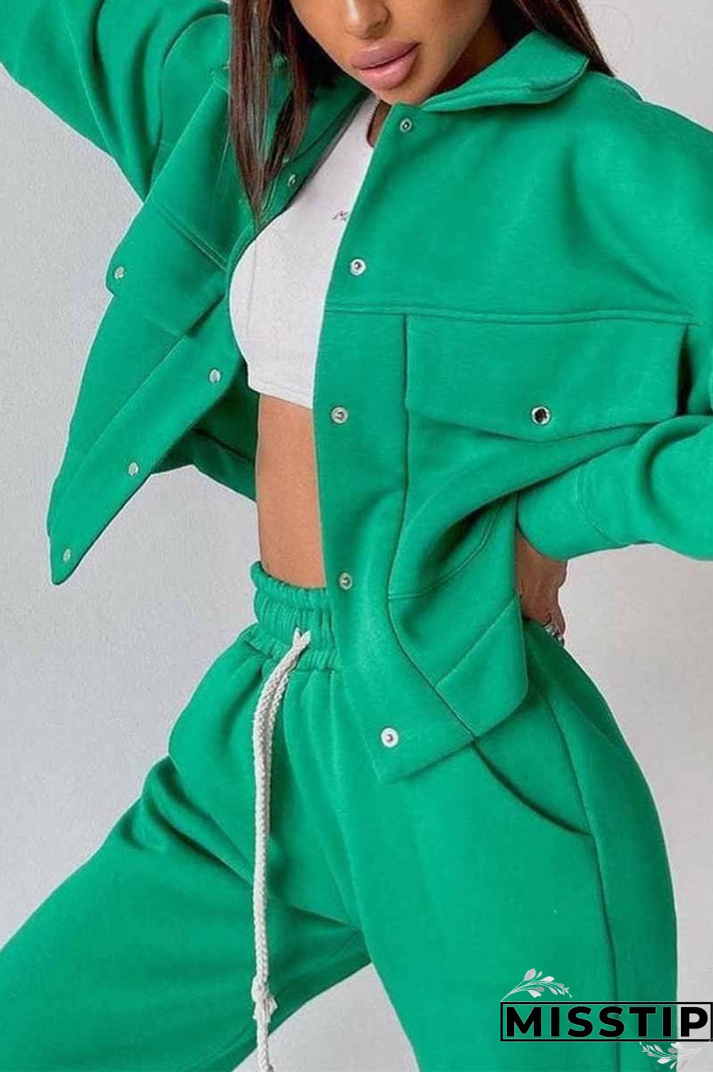 Solid Snap Button Top & Drawstring Pants Set - MissTip