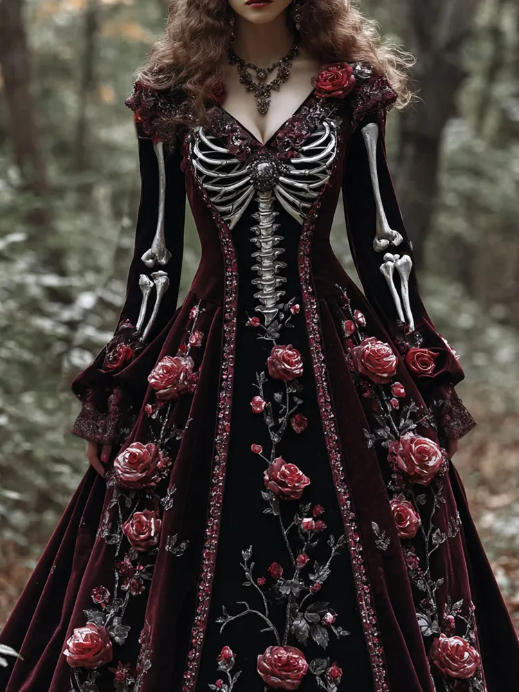 Classic Skeleton Bones With Roses Flowy Maxi Dress