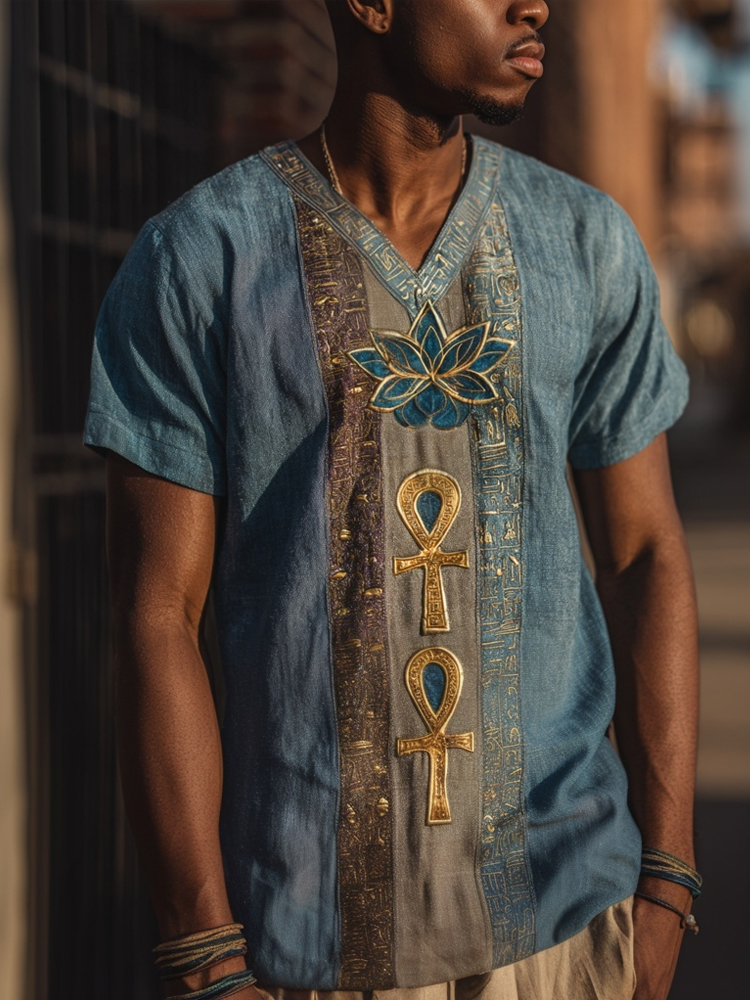Lotus & Ankh Embroidered Ancient Egyptian Vintage Linen Shirt