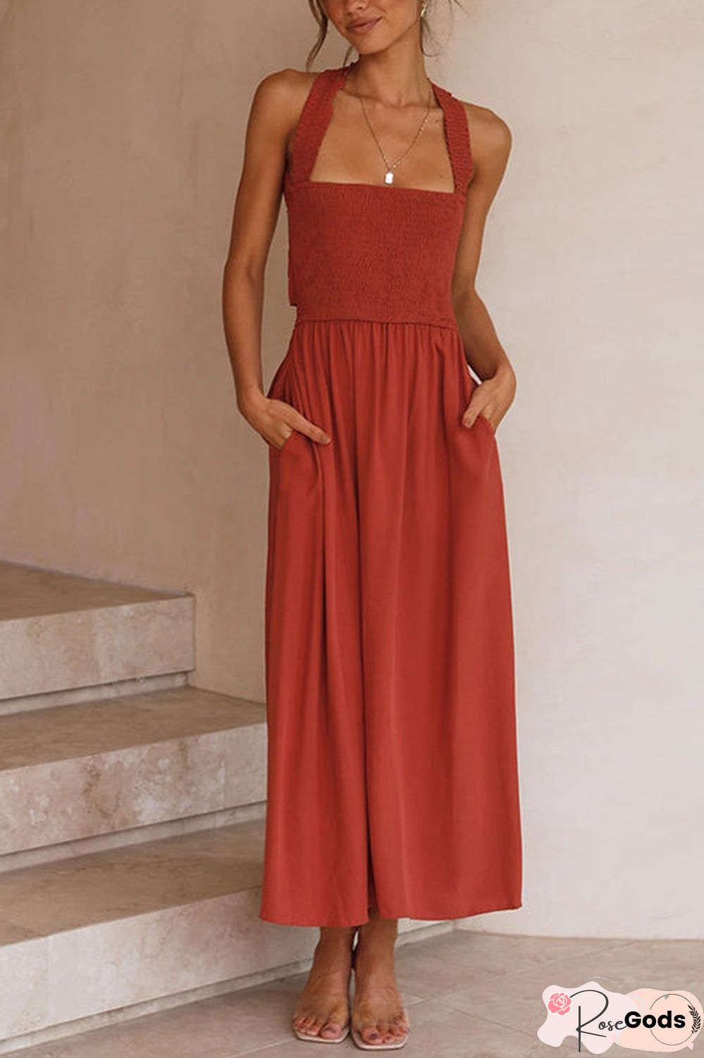 Elastic Shirred Bodice Cross Back Pocket Dress