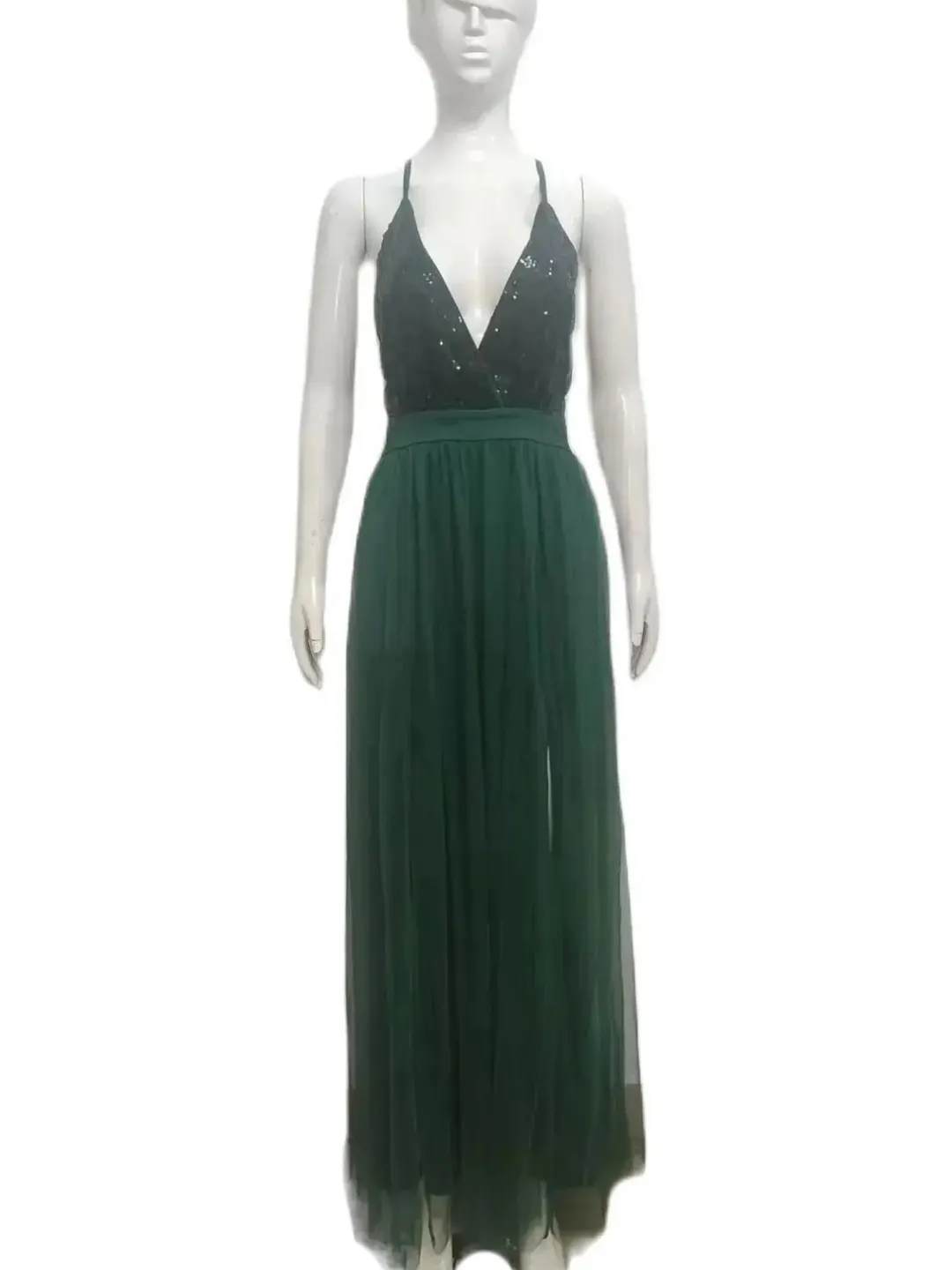 Uveng Station Sexy New Forked Design Sequins Sling Net Dress Long Dress