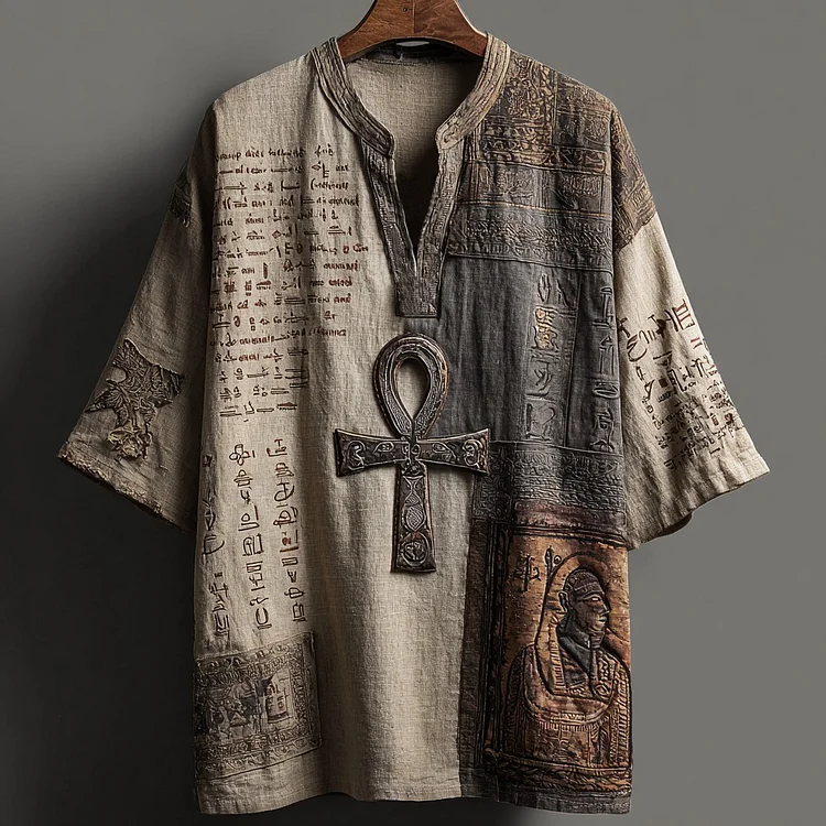 Ankh Ancient Egyptian Vintage Patchwork Linen Shirt