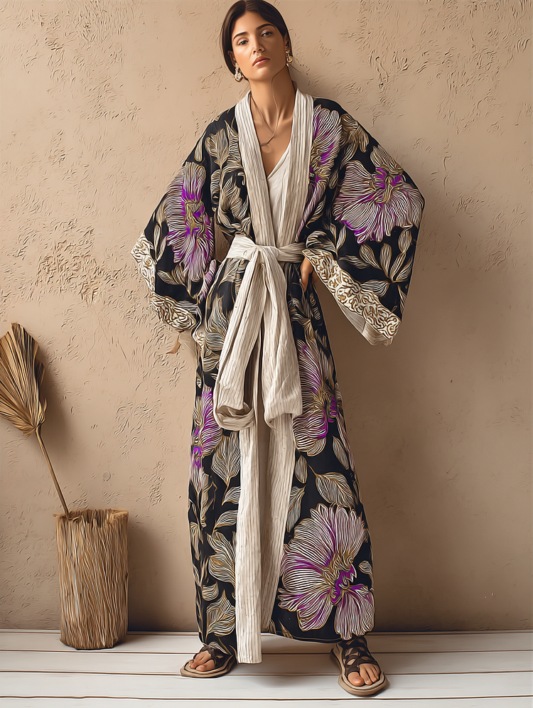 Women's Purple Peony Kimono Linen Robe (Including Belt)