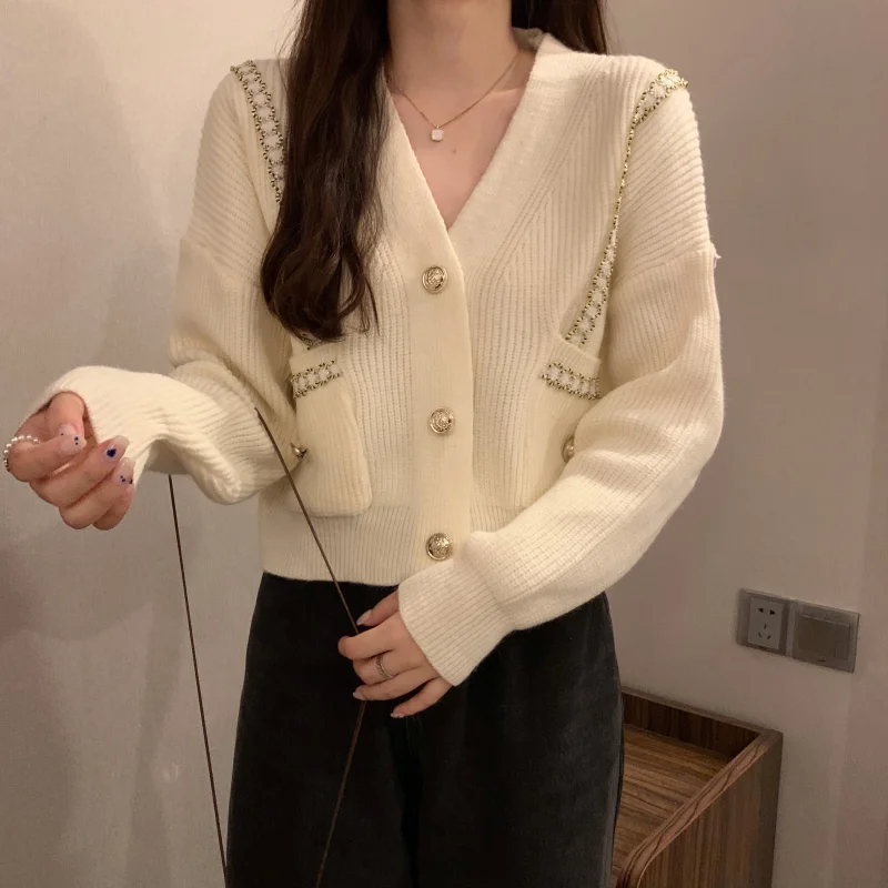 SMALL FRAGRANT GOLD SILK EDGE V-NECK CARDIGAN