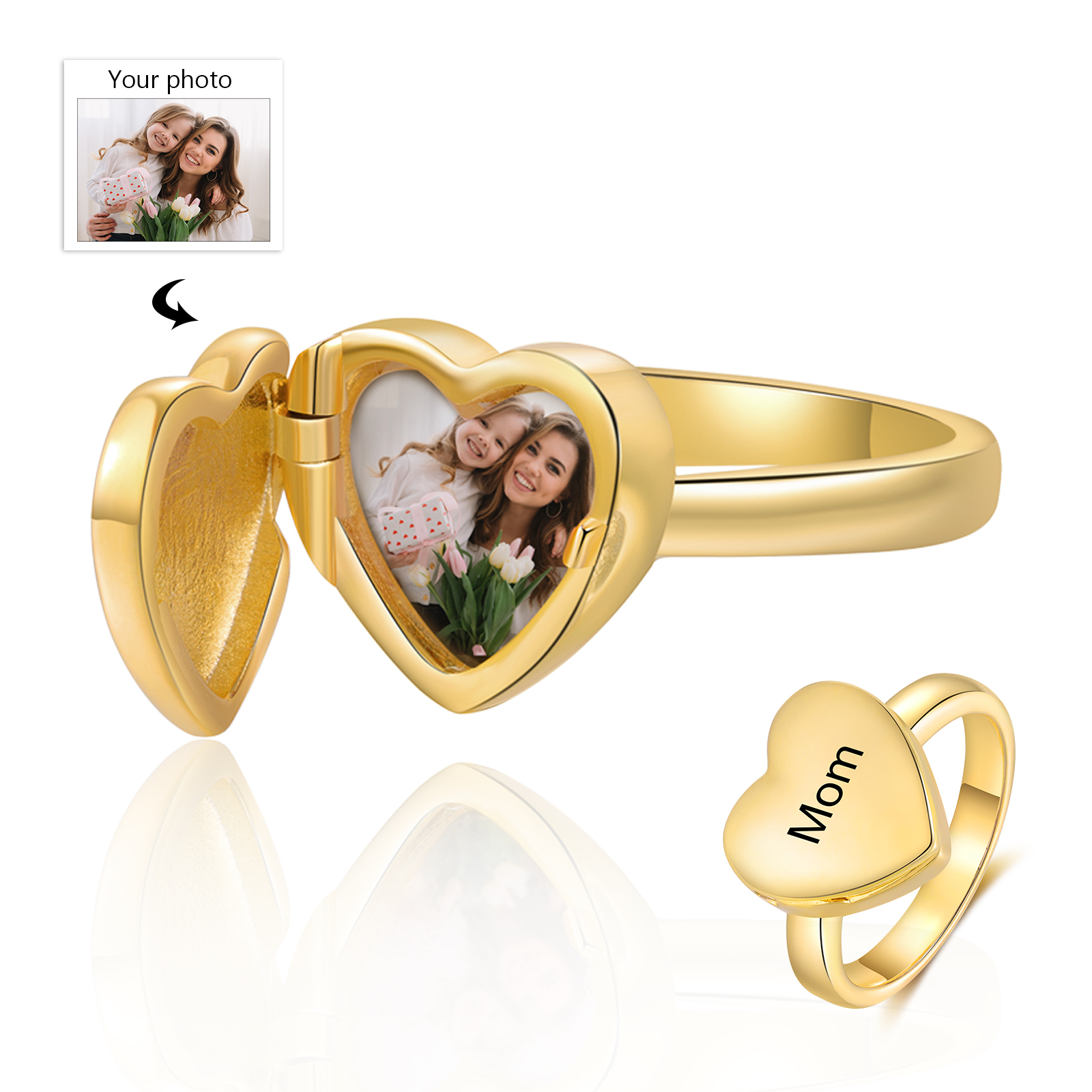 Anillo con corazón abierto personalizado con 1 foto y 1 texto