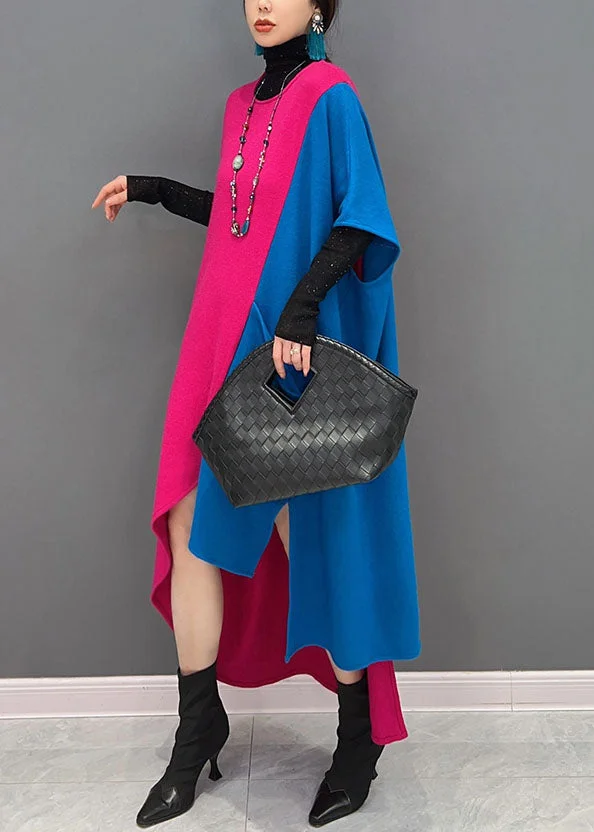 Original Design Colorblock O-Neck Asymmetrical Patchwork Cotton Long ...