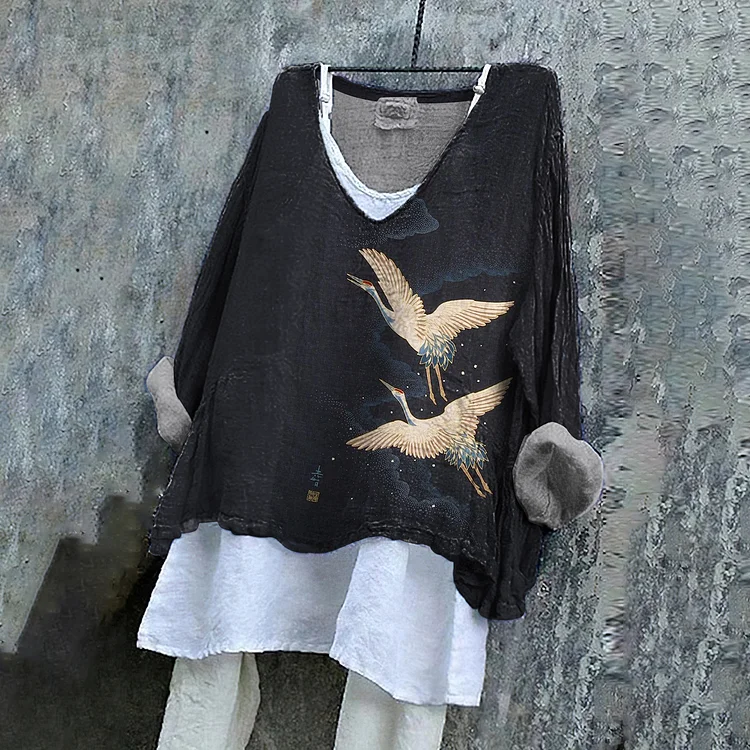 Japanese Vintage Crane Art Linen Blend Tunic