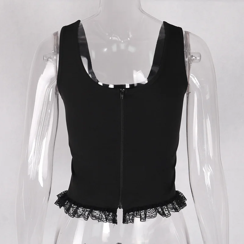 CROSS TIE UP LACE TRIM BACK ZIPPER TANK TOP