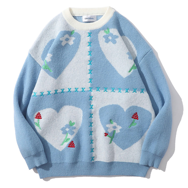 JAPANESE HEART EMBROIDERED COLORBLOCK CREWNECK SWEATER