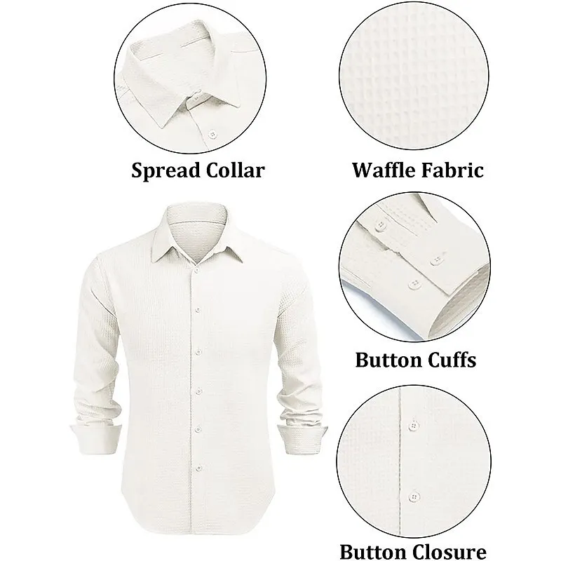 Men's Button Up Shirt Summer Shirt Waffle Long Sleeve Plain Lapel Daily ...