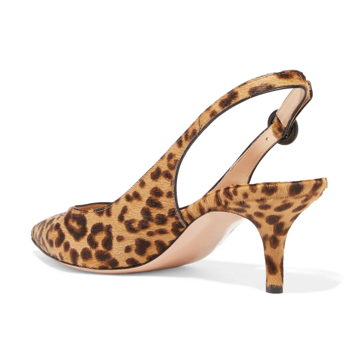 Brown Leopard Print Pointed Toe Kitten Heel Slingback Pumps