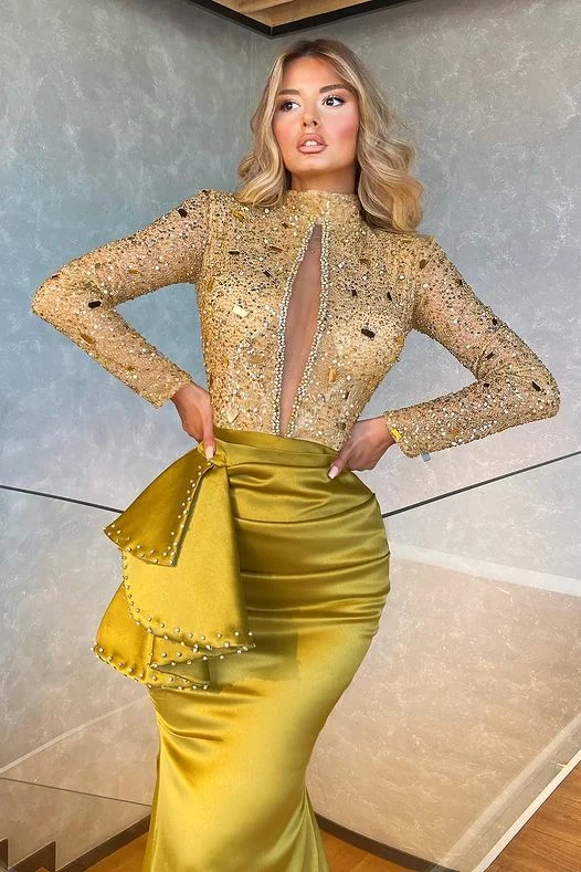 Daisda High Collar Long Sleeves Mermaid Prom Dress With Beadings