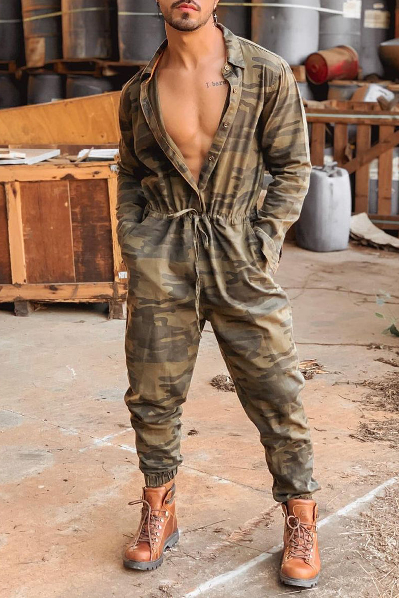 Camo Tunic Lapel Long Sleeve Cargo Pant Jumpsuit