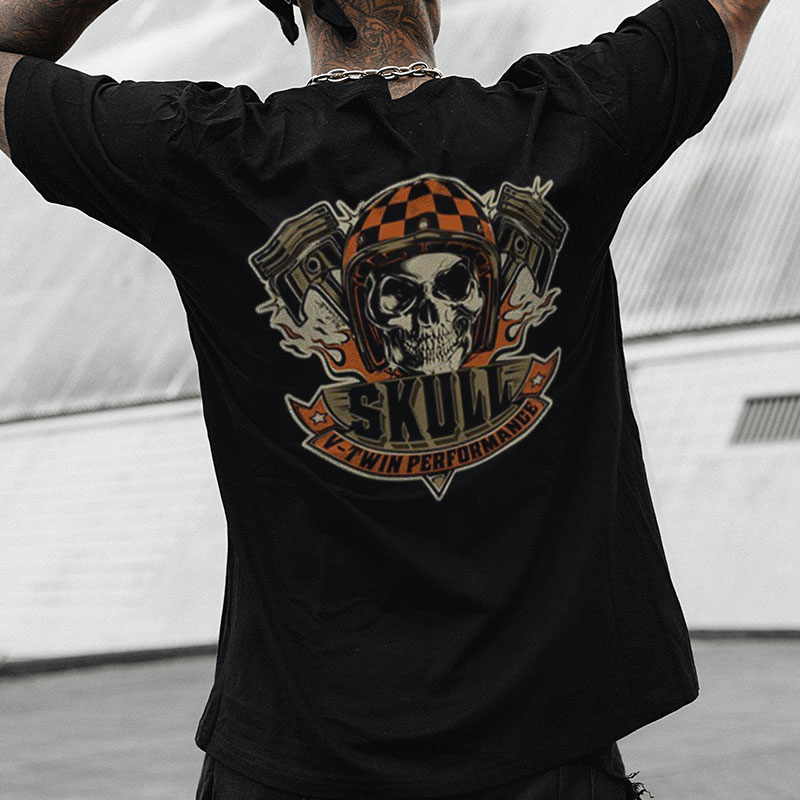 Skull with Helmet and Motor Handles Black Print T-shirt