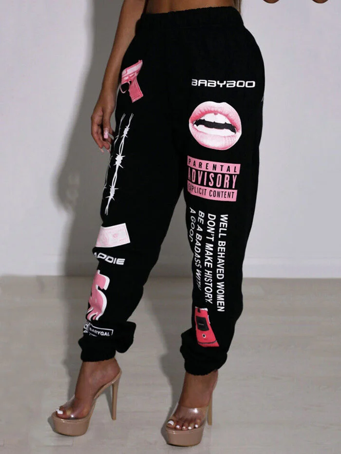 Trendy Lips Print Casual Loose Pants