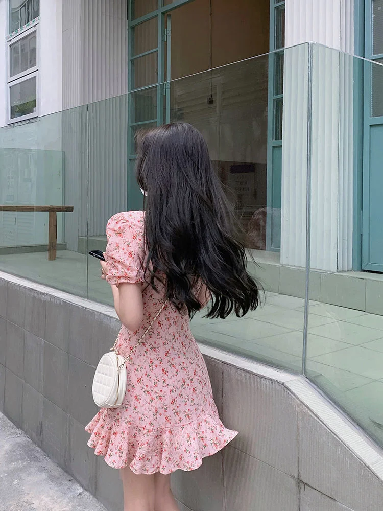 PINK FLORAL DRAWSTRING PUFF SLEEVE DRESS