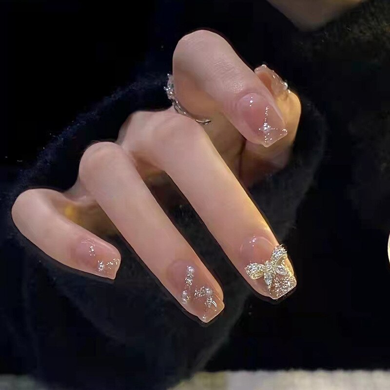 Churchf False Nails 24PCS Shiny Butterfly Fake Nails Short Flat Head ...